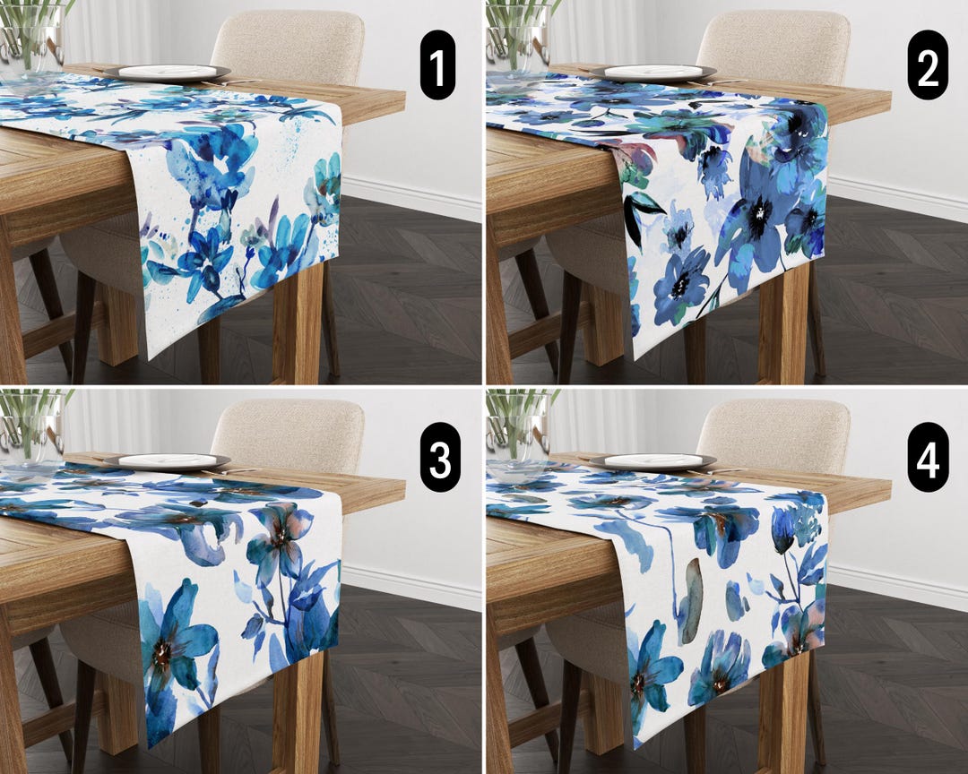 Blue Watercolor Flowers Table Runner, Floral Abstract Modern ...