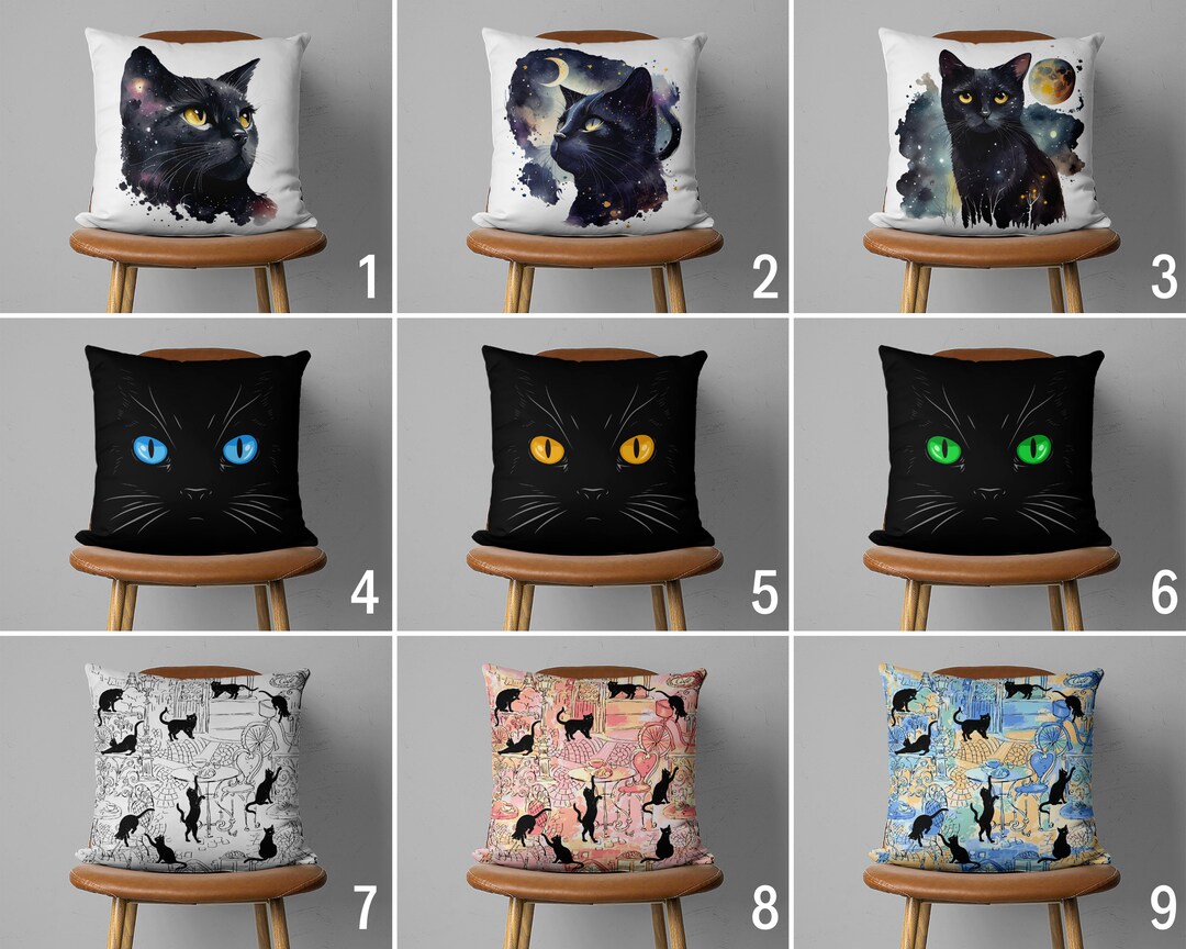 Black Cat Design Throw Pillow Cover, Black Cat Portrait Cushion Cover ...
