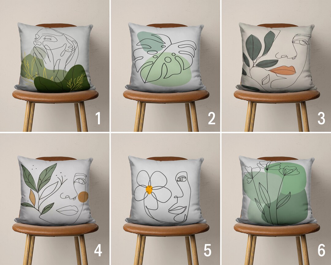 One Line Drawing Pillow Cover, Abstract Portraits & Leaves Cushion ...