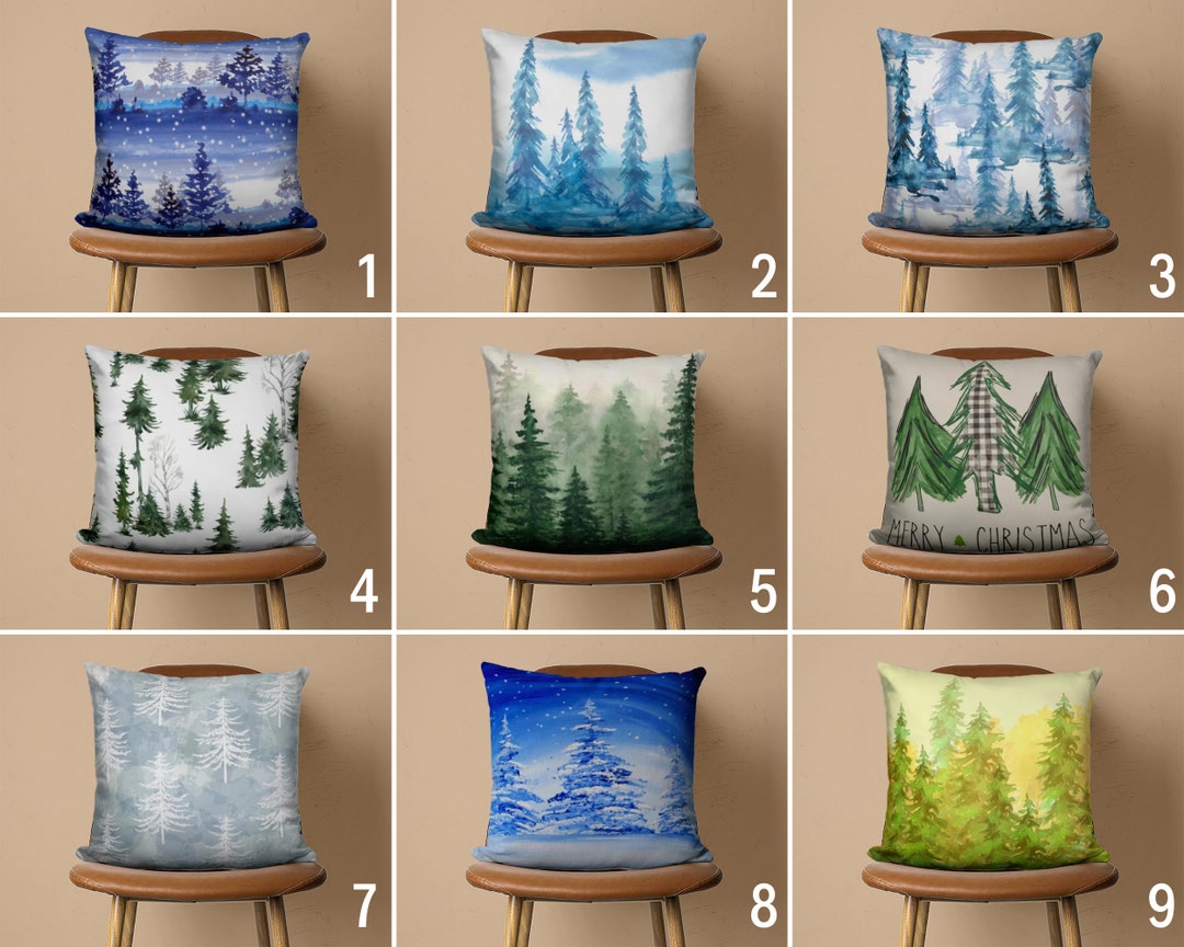 Blue & Green Pine Forest Pillow Cover, Pine Trees Cushion Cover, Winter ...