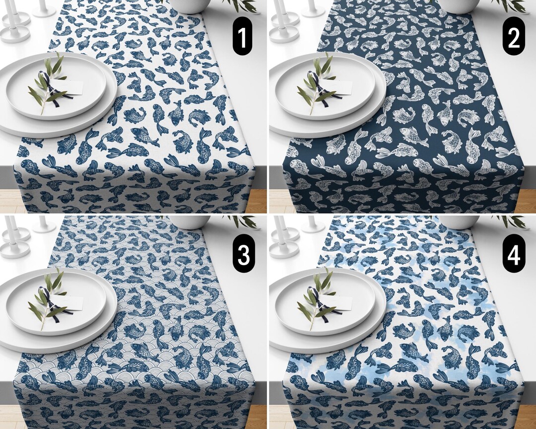 Japanese Koi Fish Table Runner, Minimalistic Coastal Marine Table ...
