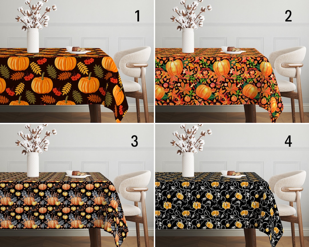 Boho Fall Pumpkins Tablecloth, Thanksgiving Tablecloth, Autumn Leaves ...