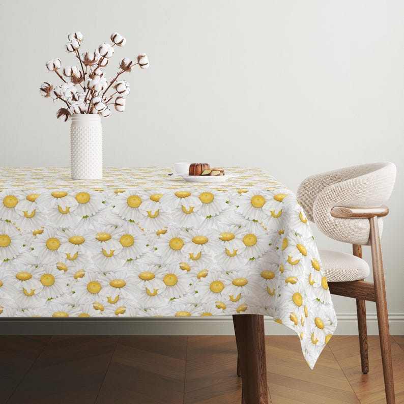 Daisy & Sunflower Tablecloth, Rustic Botanical Yellow Floral Tablecloth ...