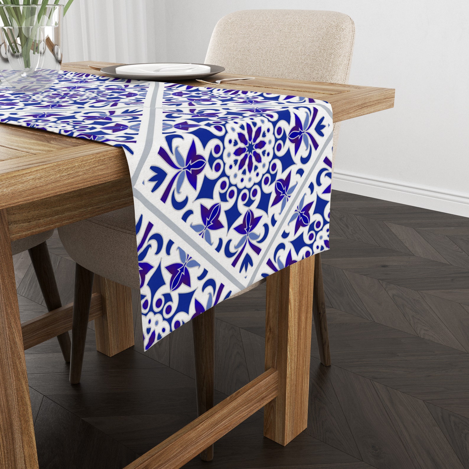 Bright Blue Spanish Style Kitchen Runner, Ethnic Table Runner ...