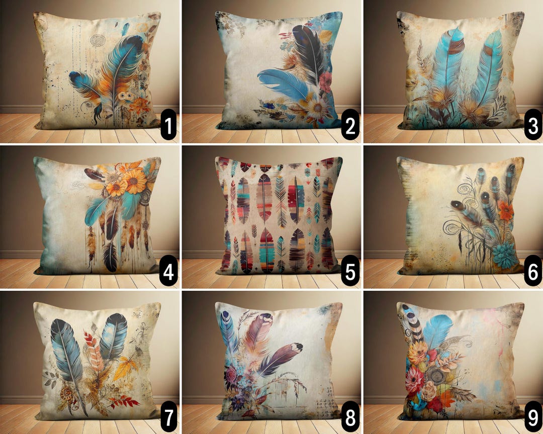 Bohemian Feathers Pillow Cover, Dreamcatcher Design Cushion Cover, Boho ...
