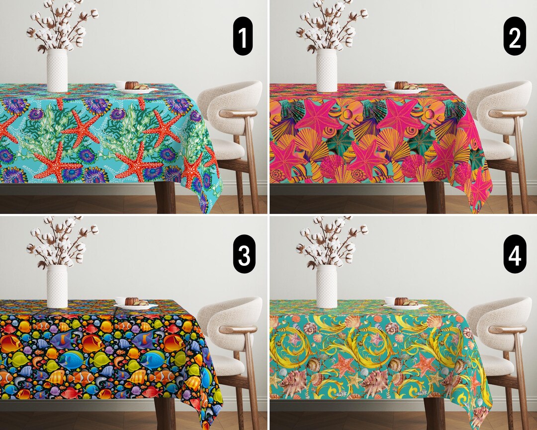 Vibrant Coastal Marine Life Tablecloth, Summer Nautical Tropical ...