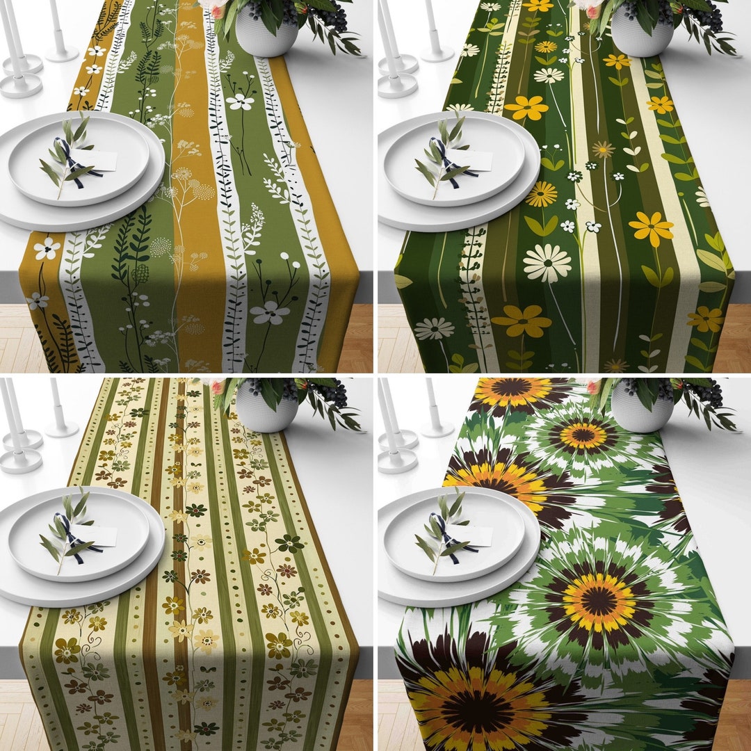 Yellow & Green Floral Table Runner, Flowers Kitchen Runner, Summer ...