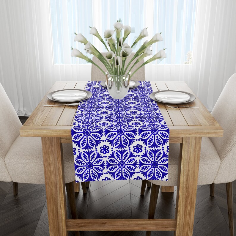 Bright Blue Spanish Style Kitchen Runner, Ethnic Table Runner ...