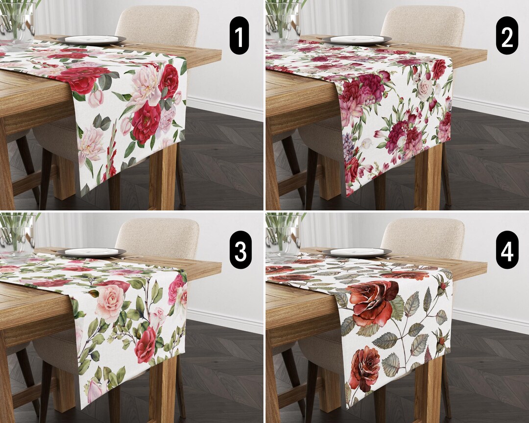 Red Pink & Burgundy Blooming Roses Table Runner, Floral Vintage Romantic Kitchen Runner, French ...