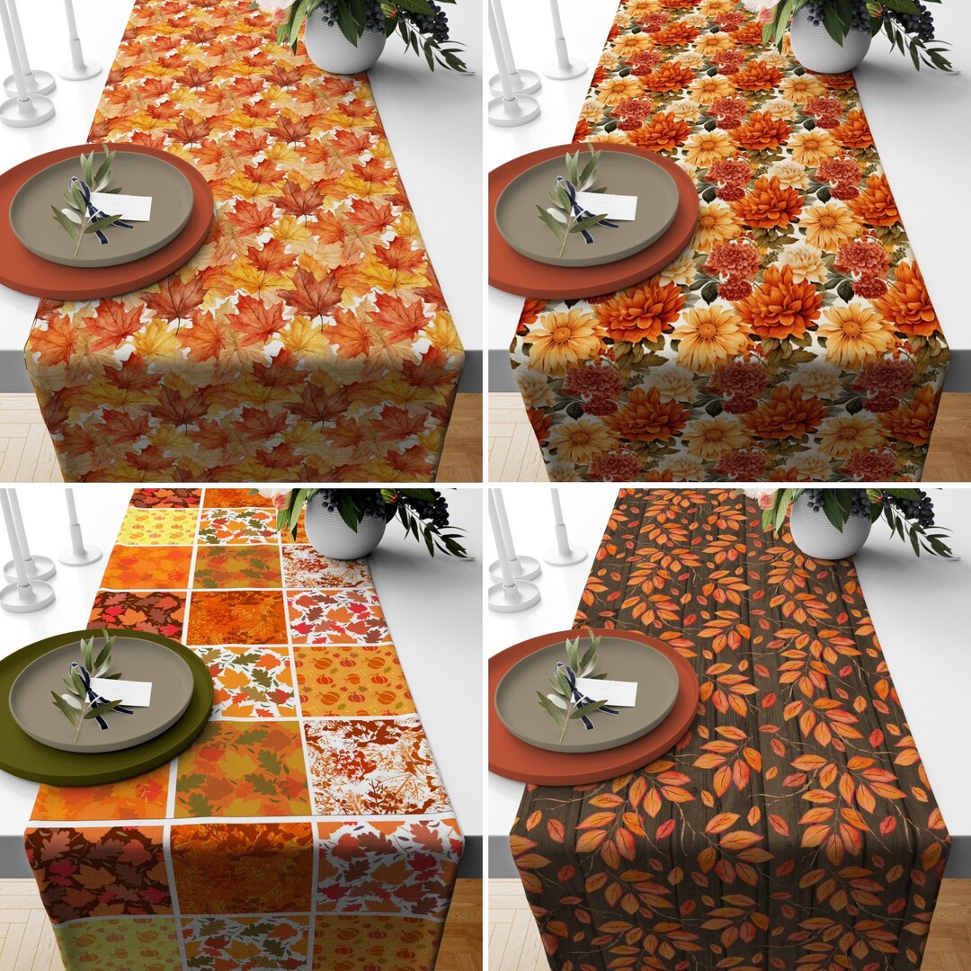 Orange Brown Fall Leaves Table Runner, Autumn Flowers Decorative ...