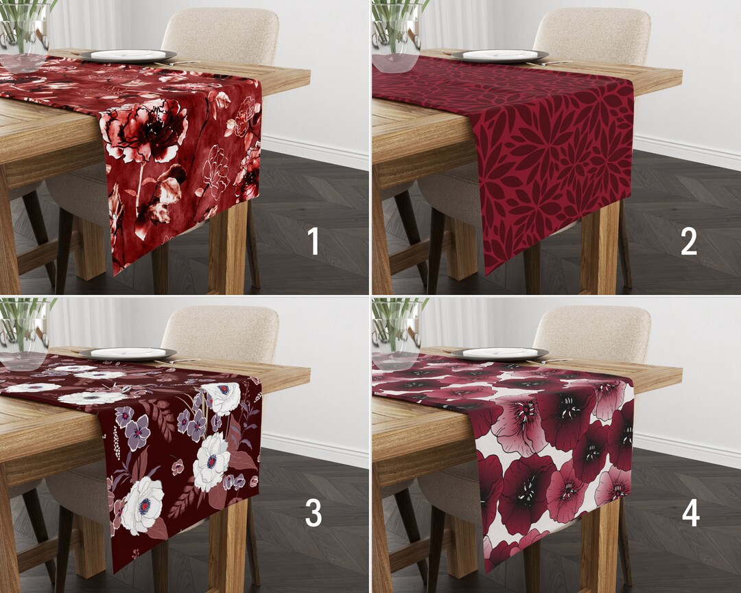 Floral Boho Table Runner, Flowers on Burgundy & Red Kitchen Runner ...