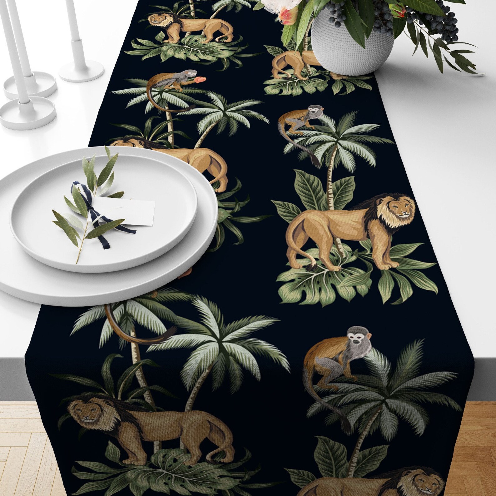 Animals Table Runner, Black & White Kitchen Runners, Safari Nature ...