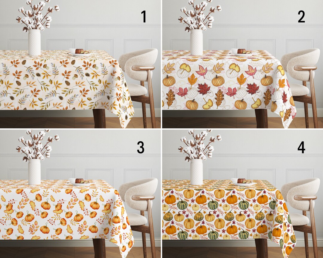 Fall Leaves & Pumpkins Tablecloth, Dry Autumn Leaf Tablecloth, Orange ...