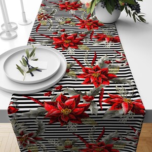 Red Christmas Flower Runner, Lively Floral Kitchen Table Runner, Jingle ...