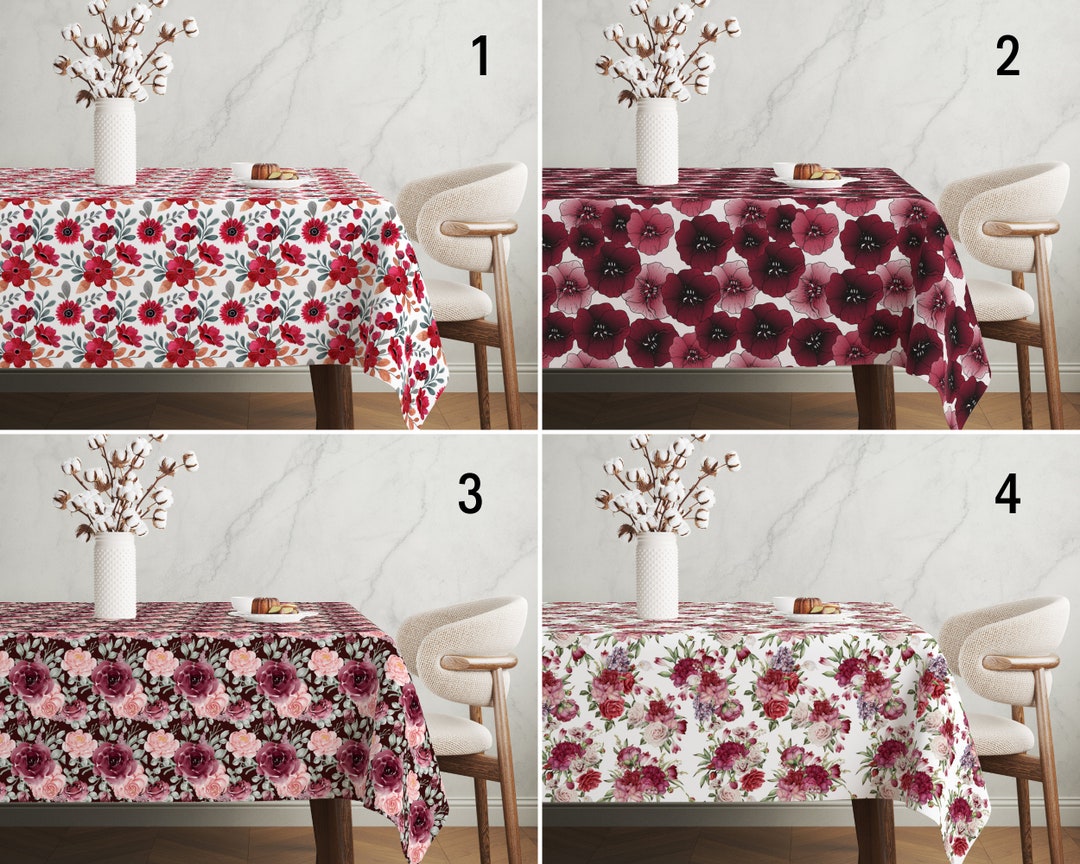 Floral Burgundy Tablecloth, Flower Design Maroon Tablecloth, Claret Red ...