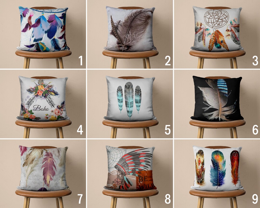 Feather Throw Pillow Covers, Colorful Bird Feathers Cushion Cover, Boho ...