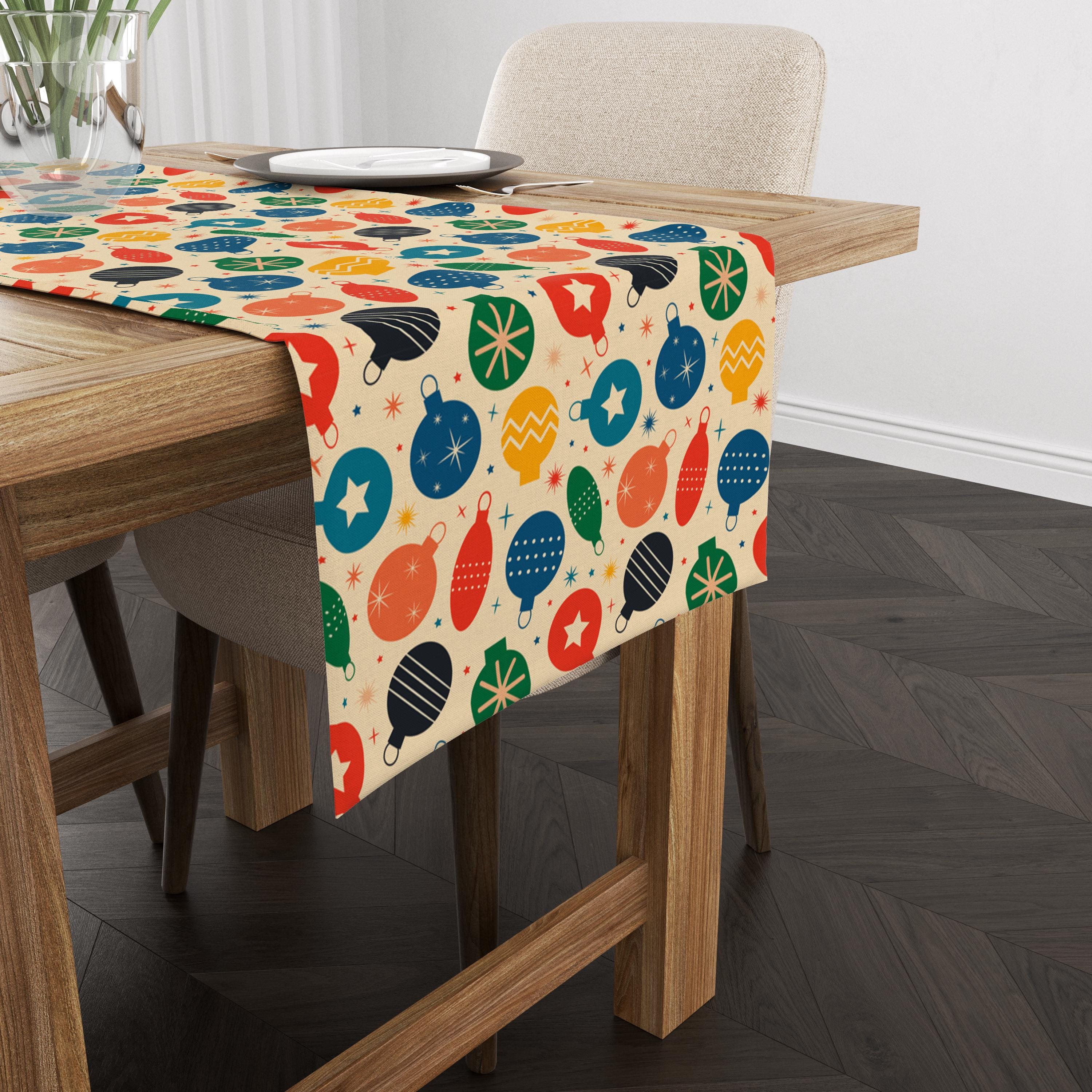 Retro Christmas Ornaments Runner, Festive Baubles Table Runner, Joyful ...