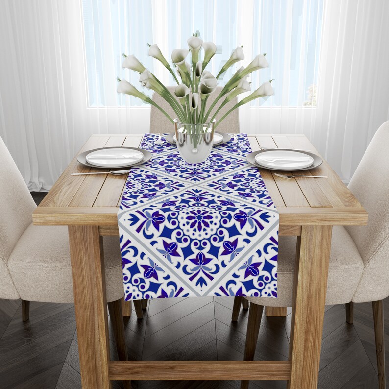Bright Blue Spanish Style Kitchen Runner, Ethnic Table Runner ...