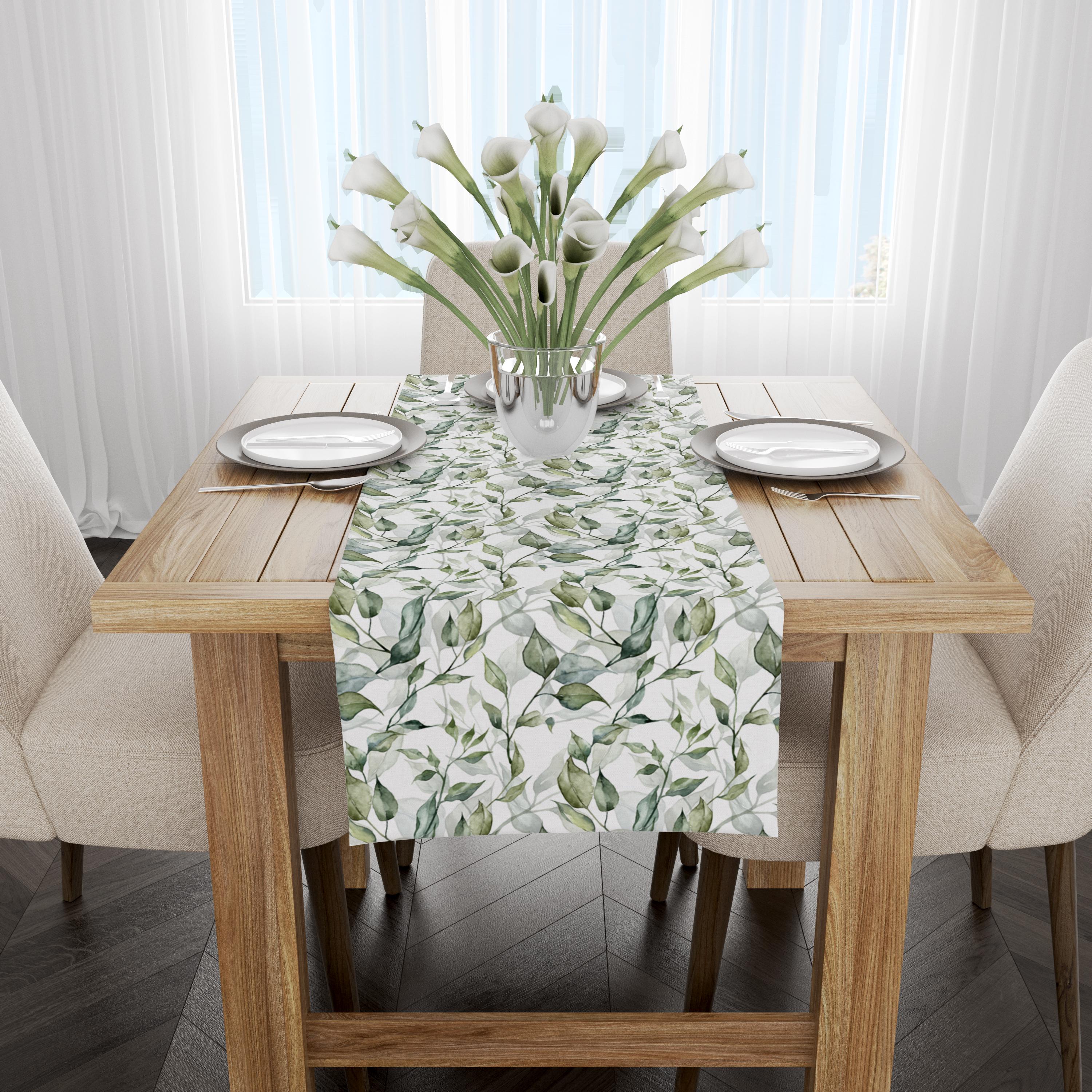 Modern Leafy Design Table Runner, Watercolor Botanical Foliage Runner ...