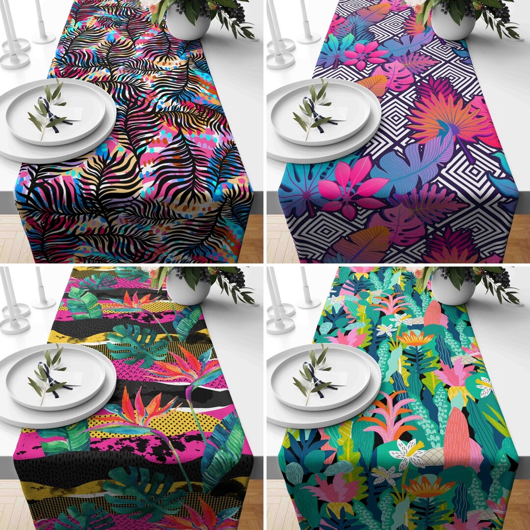 Vibrant Colored Tropical Table Runner, Botanical Vivid Summer Runner ...