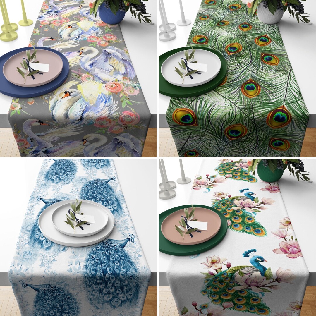 Birds Kitchen Runner, Blue & Green Animal Table Runner, Peacock ...
