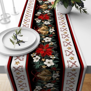 Red Christmas Flower Runner, Lively Floral Kitchen Table Runner, Jingle ...