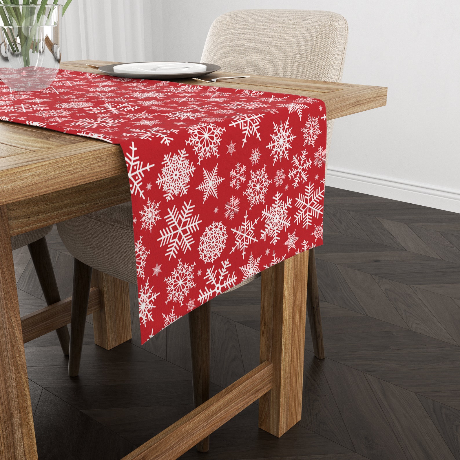 Red Christmas Table Runner, Snowflake Design Runner, Red Xmas Kitchen ...