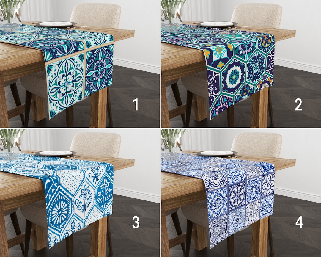 Blue Mosaic Print Table Runner, Spanish Tile Pattern Runner, Geometric ...