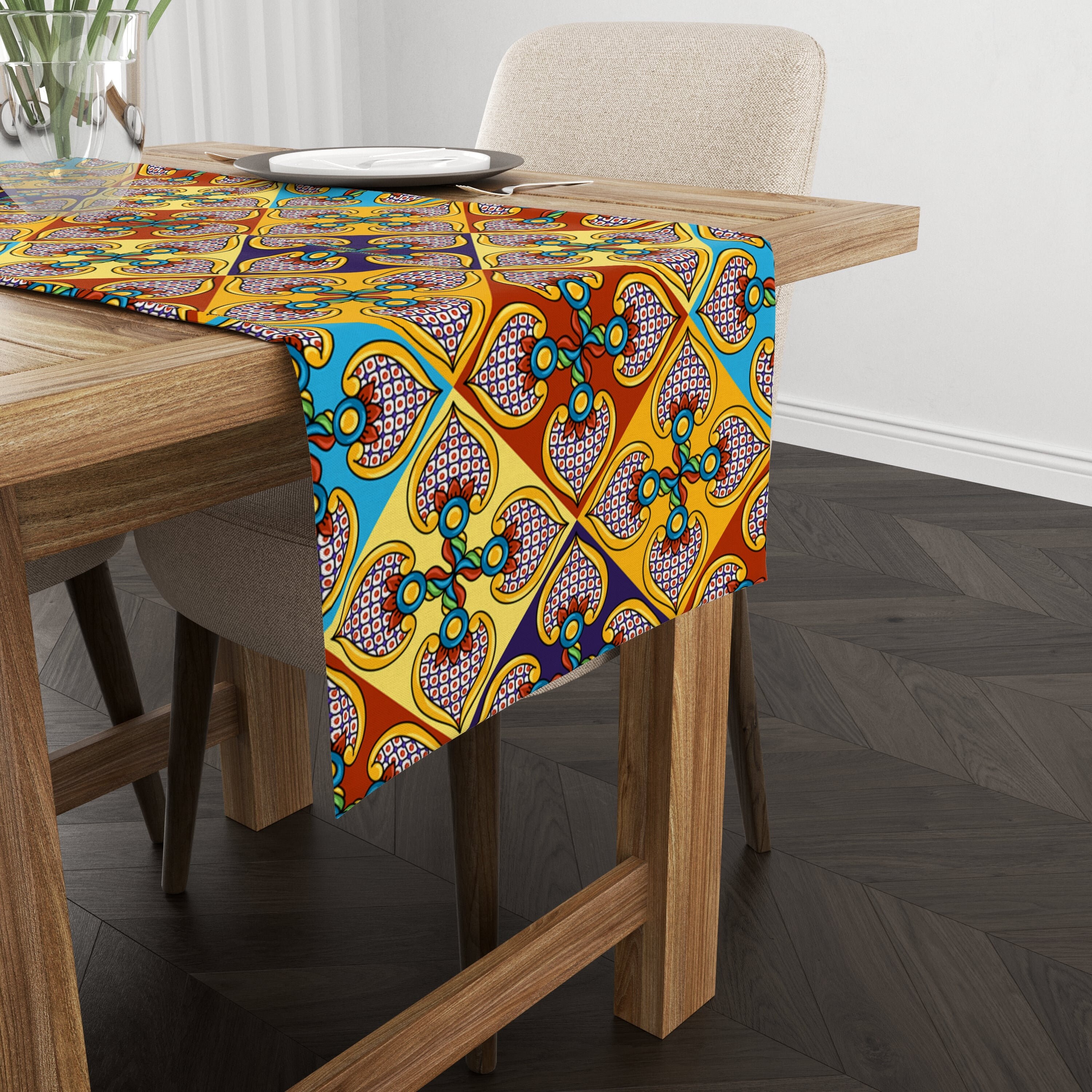 Tile Design Vivid Color Table Runner, Traditional Lozenge Runner ...