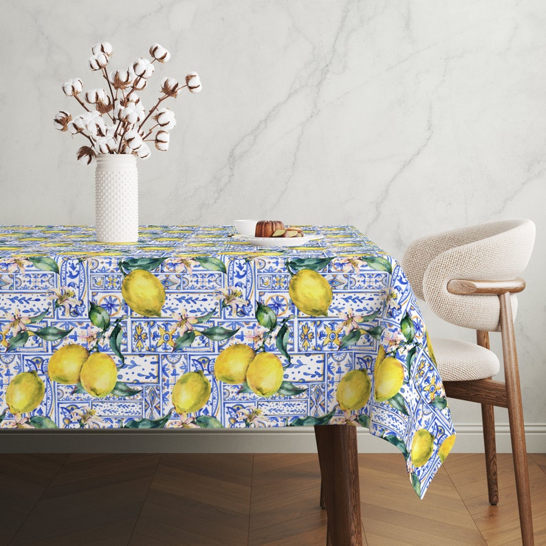 Tile & Lemon Design Summer Tablecloth, Blue Yellow Italian Sicilian ...