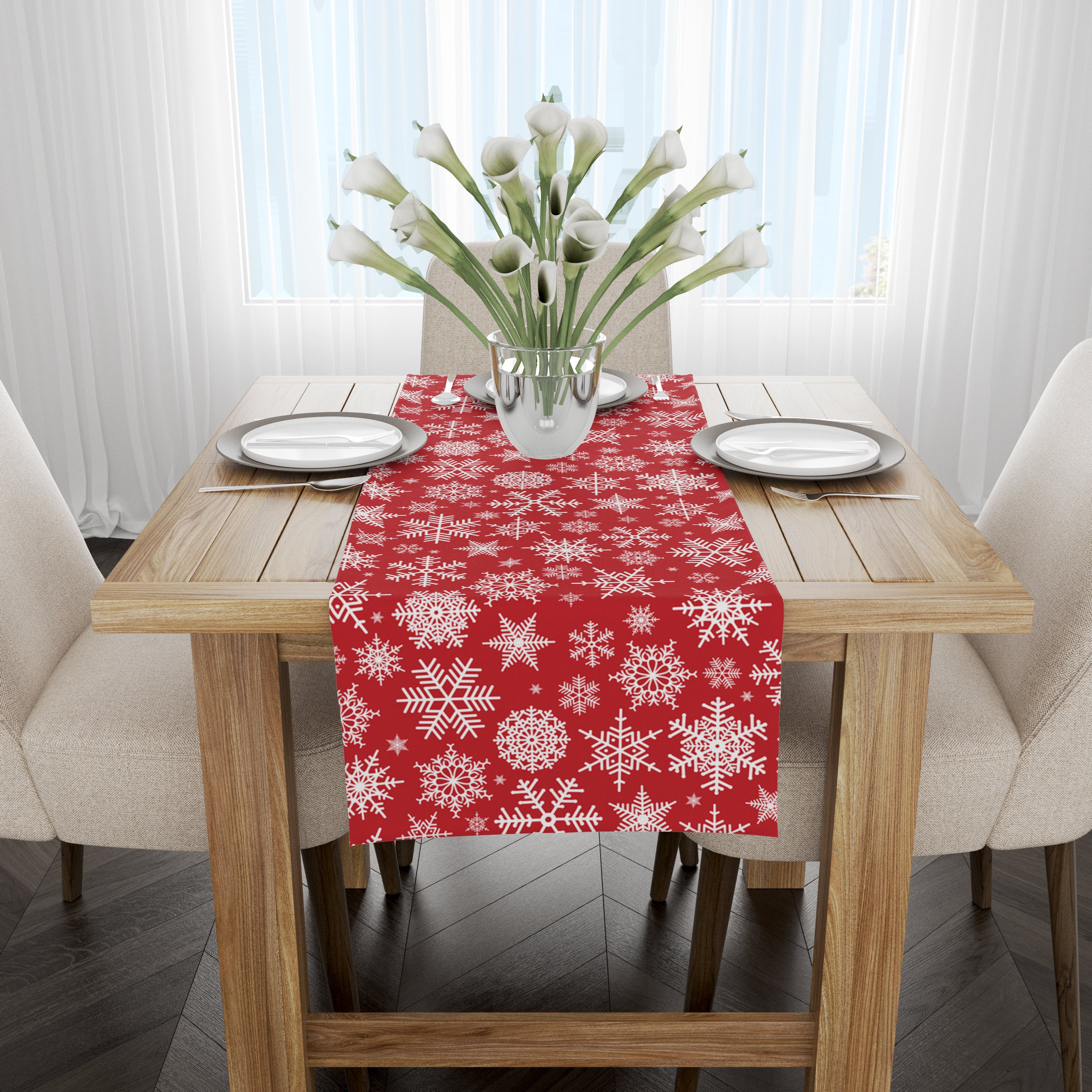 Red Christmas Table Runner, Snowflake Design Runner, Red Xmas Kitchen ...