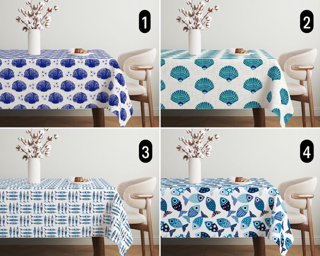 Blue Seashell & Fish Design Tablecloth, Nautical Coastal Tablecloth ...