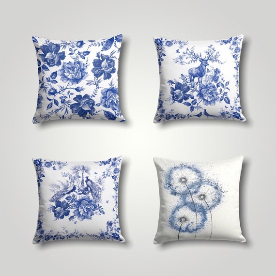 Blue & White Floral Pillow Cover Rose Flower Pillow Case - Etsy