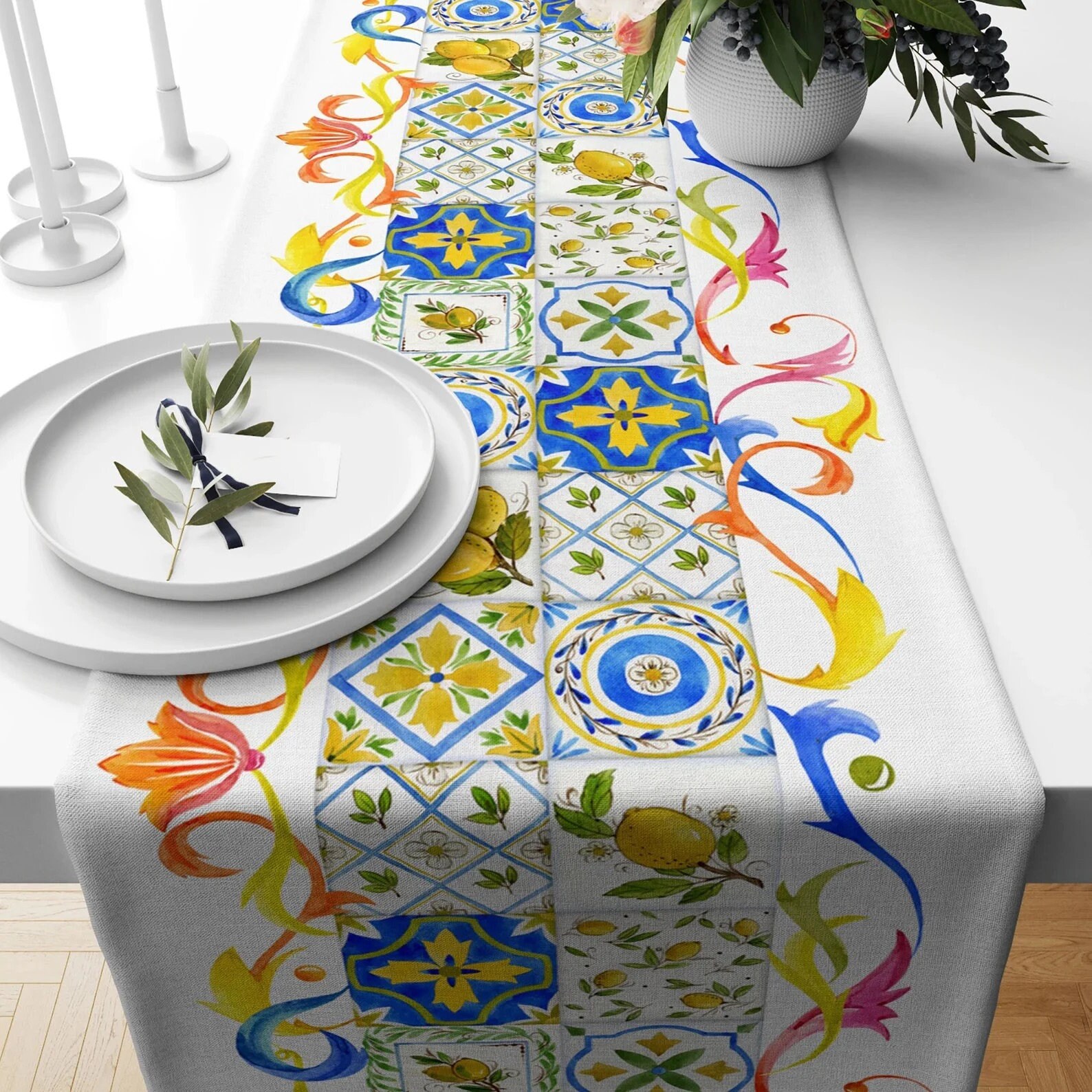 Lemon & Tile Table Runner Blue Yellow Italian Style Runner - Etsy