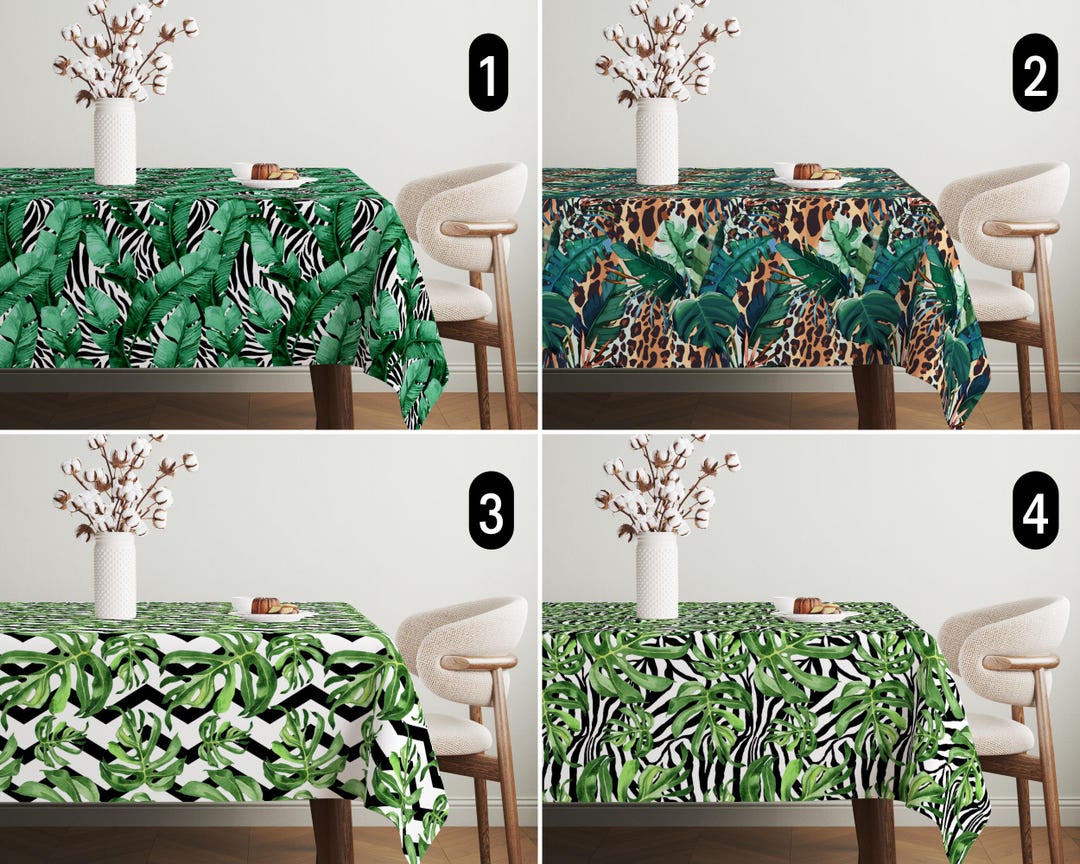 Tropical Leaves & Animal Print Tablecloth, Botanical Green Monstera and ...