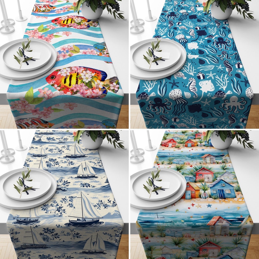 Blue Coastal Table Runner, Any Size Marine Design Table Runner ...