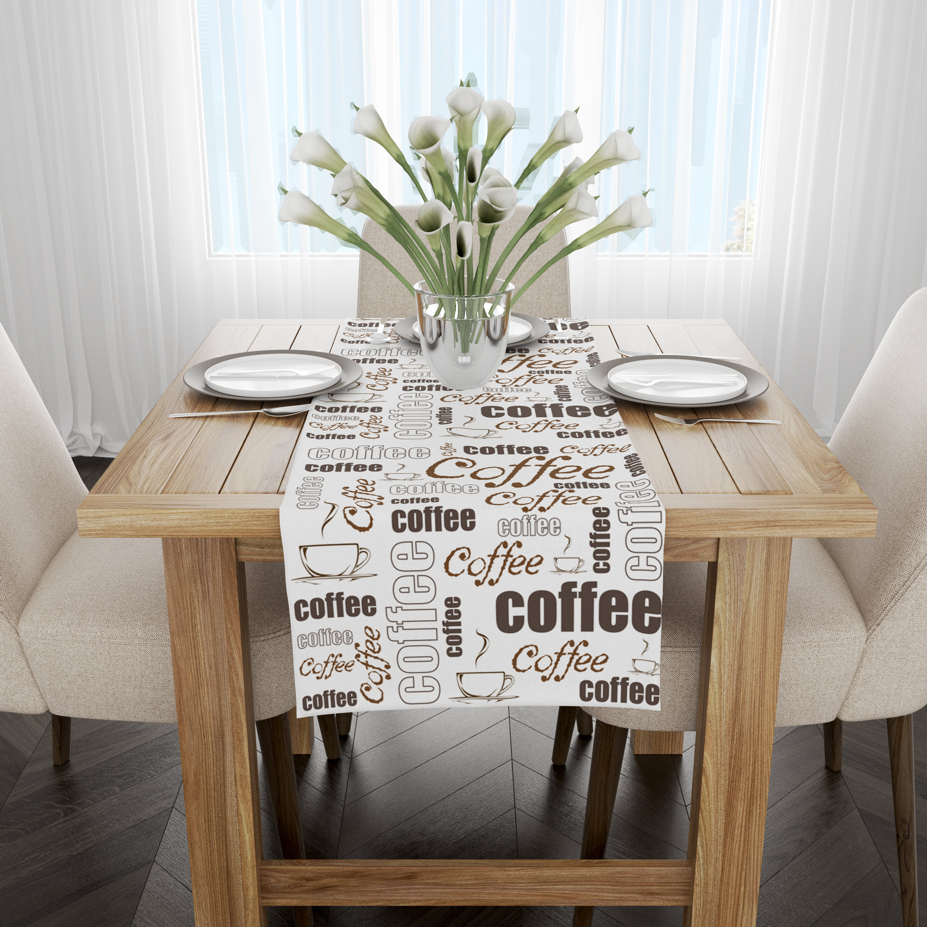 Coffee Table Runner, Coffee Words Art Runner, Brown Quoted Tablecloth ...