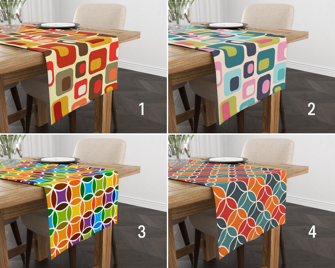 Retro Mid Century Modern Table Runner, Vibrant Colorful Geometric ...