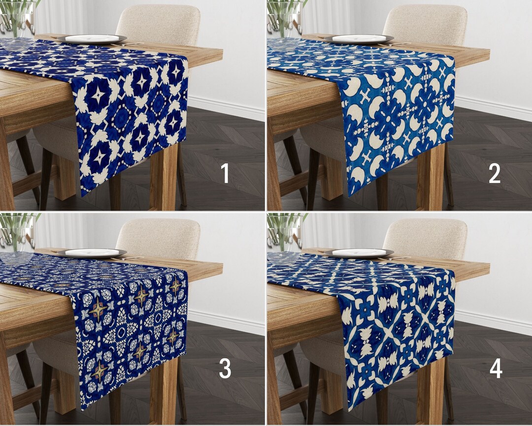 Tile Pattern Table Runner, Navy Blue Kitchen Runner, Geometric ...