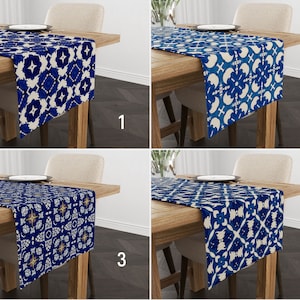 Tile Pattern Table Runner, Navy Blue Kitchen Runner, Geometric ...