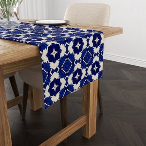 Tile Pattern Table Runner, Navy Blue Kitchen Runner, Geometric ...