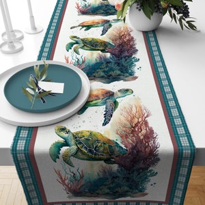 Sea Turtle Design Table Runner, Coastal & Marine Style Table Runner ...