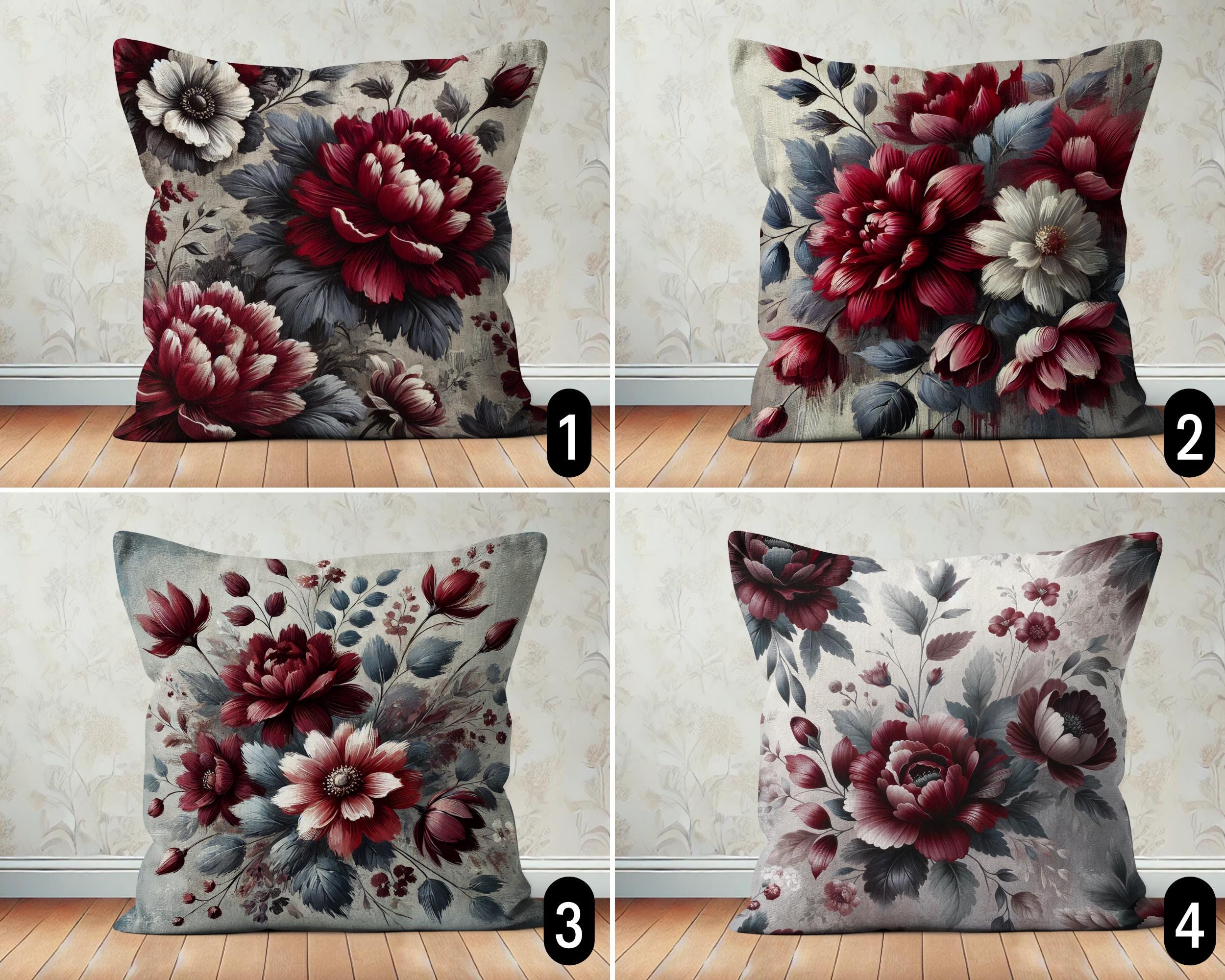 Burgundy & Gray Floral Pillow Cover, Elegant Flower Painting Pillow ...