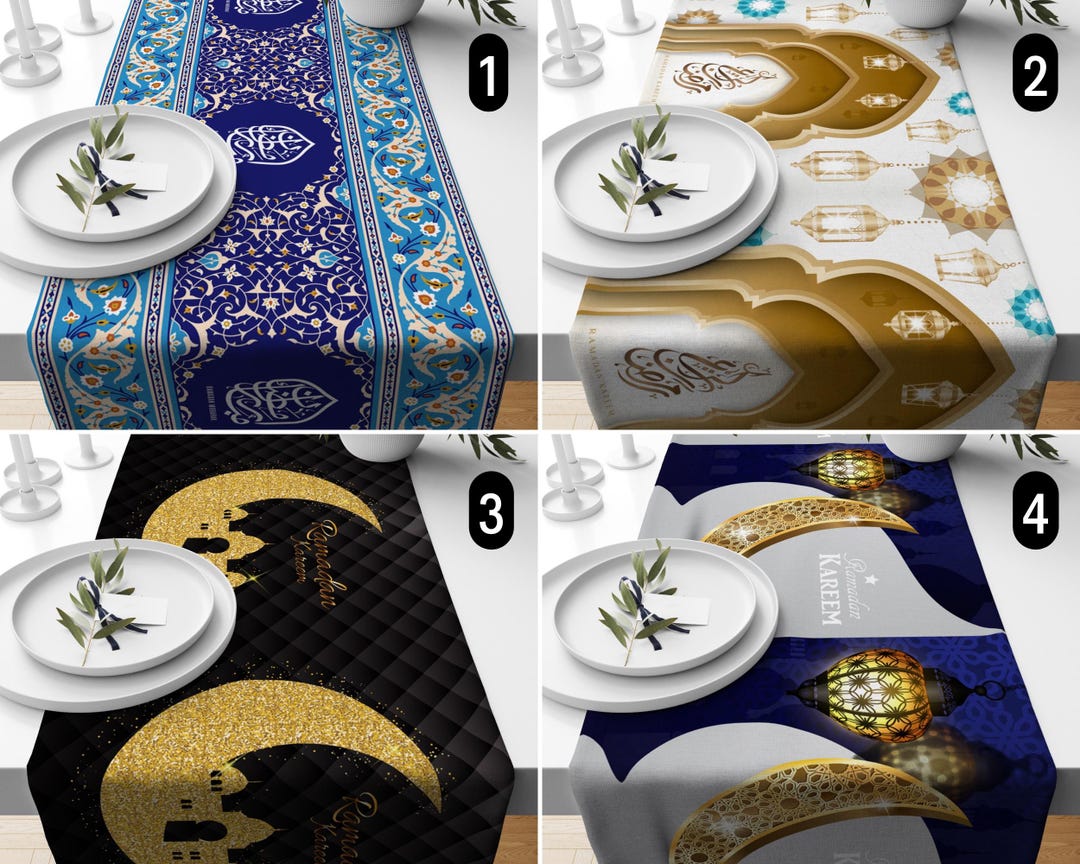 Blue Yellow Ramadan Mubarak Table Runner, Crescent Moon & Islamic Eid ...