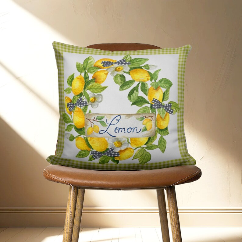 Lemon Design Farmhouse Pillow Cover, Yellow & Green Summer Cushion ...