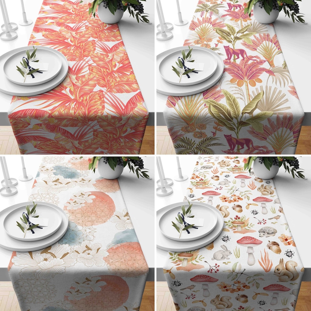 Floral Salmon Color Table Runner, Tropical Leaves Kitchen Runner ...