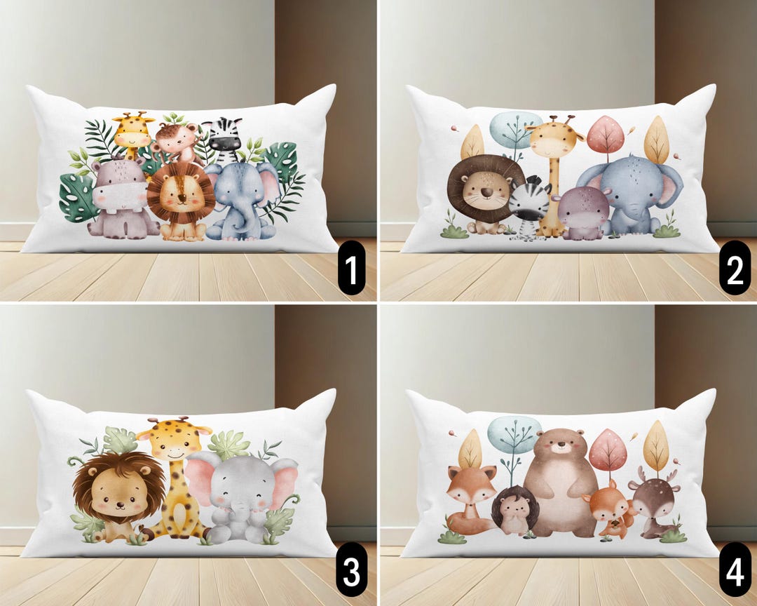 Cute Baby Animals Kids Room Lumbar Pillow Cover, Giraffe Lion Zebra ...