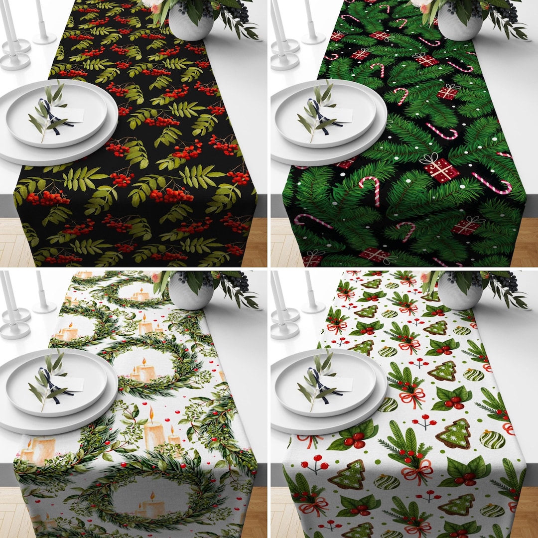 Floral Christmas Table Runner, Pine Tree & Red Berry Runner, Green and ...