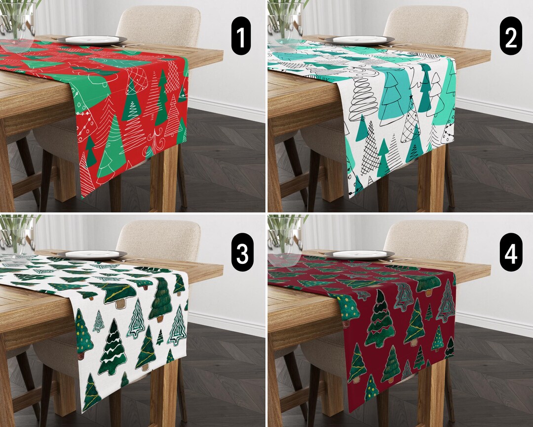 Red Green Burgundy Pine Trees Table Runner, Christmas Tree Design Table ...