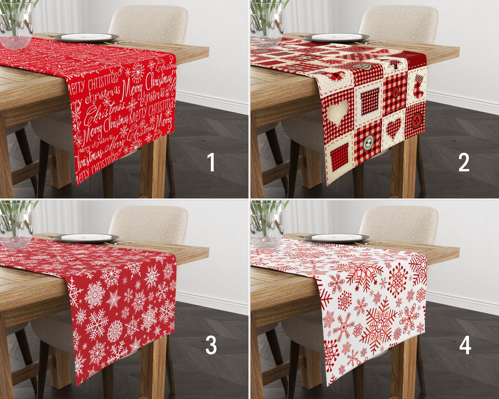 Red Christmas Table Runner, Snowflake Design Runner, Red Xmas Kitchen ...
